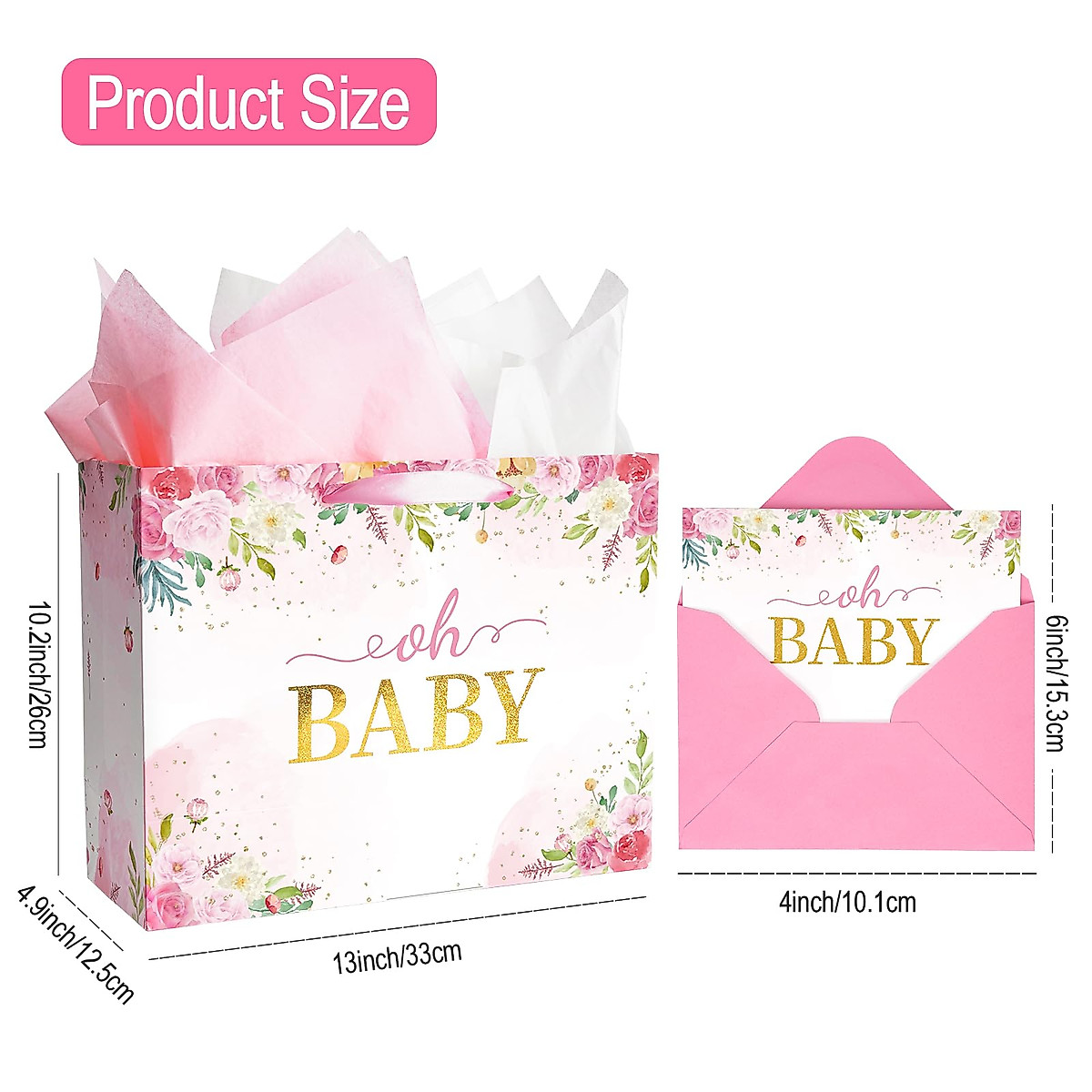 13” Large Baby Gift Bags with Tissue Paper & Greeting Card (oh BABY & Floral), Gift Bags Lager Size for Baby Girl Shower, New Parents, Newborn, 1st Birthday, Gender Reveal Party-Pink
