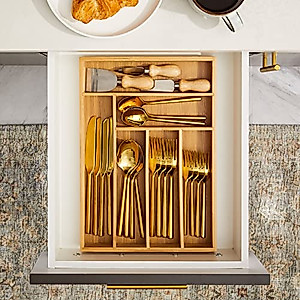 Juvale Narrow Bamboo Silverware Drawer Organizer, Wooden Cutlery Tray Holder for Kitchen, Flatware & Utensil Storage with 6 Slots, 14.5 x 10.25 x 1.75 Inches