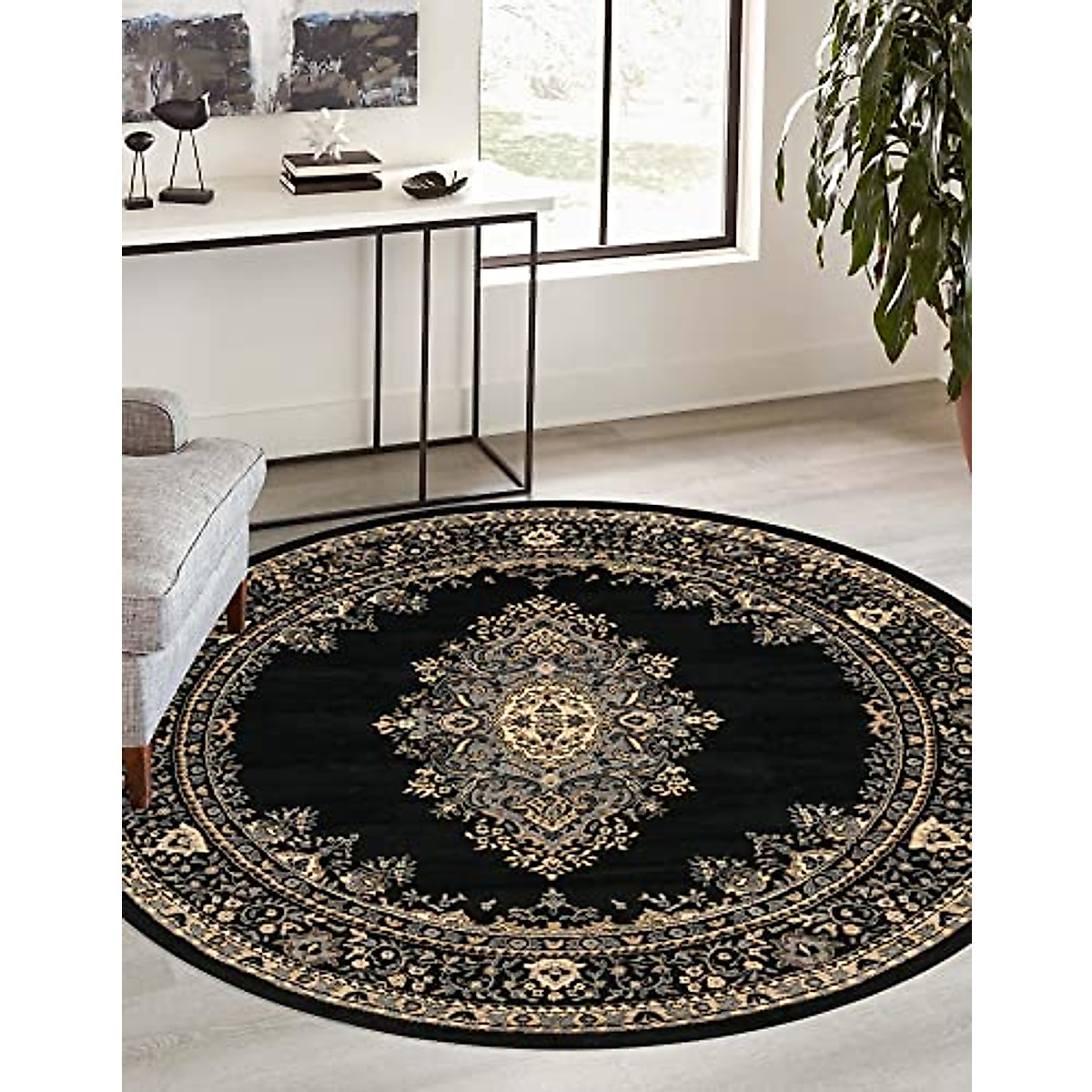 Rugs.com Amaya Collection Rug – 8 Ft Round Black Medium Rug Perfect for Kitchens, Dining Rooms