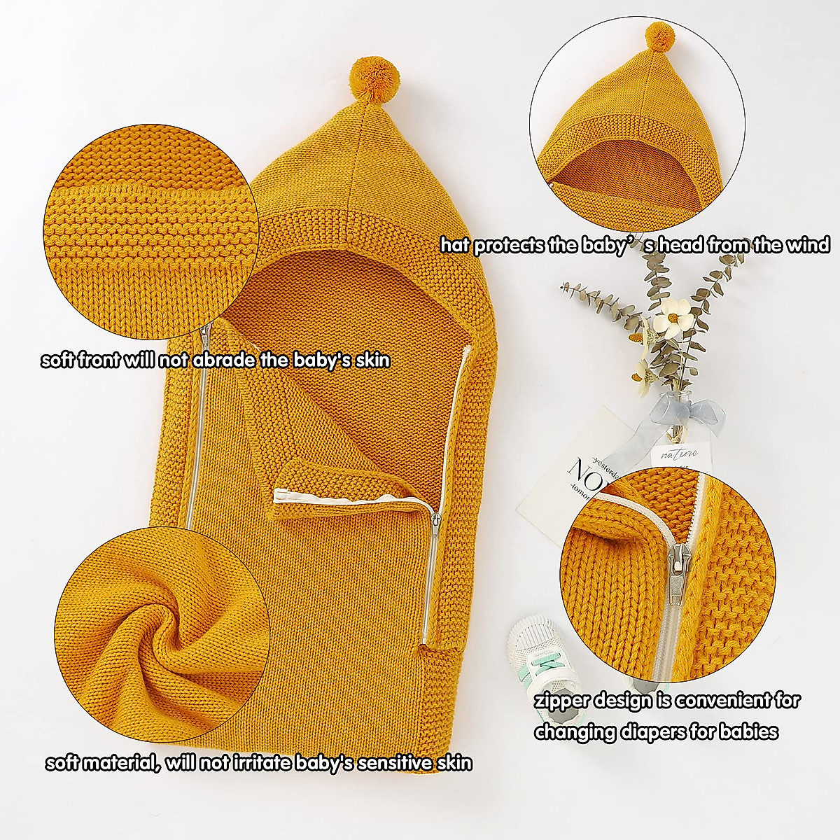 Newborn Baby Swaddle Blanket Knitted Baby Hooded Sleeping Bag Soft Warm Stroller Wrap Cozy Receiving Blanket for 0-6 Months Boys Girls (Yellow)