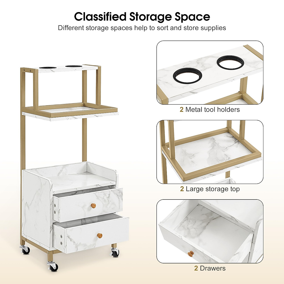 BarberPub Salon Trolley with Wheels Rolling Barber Cart with Drawers Marbled Board for Beauty Salon Metal Frame with 2 Hair Dryer Holders 2044 (White)