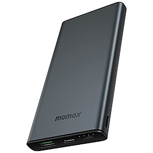 MOMAX Portable Charger, 10000mAh 20W PD Aluminum Ultra Slim Power Bank 3A High-Speed Thin Phone Charger with 2 Input & 2 Output Compatible with iPhone, Samsung Galaxy, MacBook, Pixel & More (Grey)