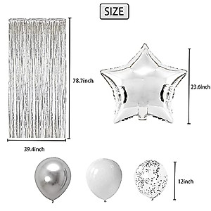 Silver Birthday Decorations,Silver Metallic Confetti Latex Balloons,Silver Happy Birthday Balloons Banner with 2Pcs Large Silver Star Foil Balloons,Silver Fringe Curtains Photo Booth Props