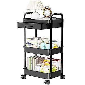 3-Tier Rolling Cart wiht Drawer, Multifunctional Utility Cart Craft Art Cart Trolley Organizer with Plastic Shelf & Metal Wheels, Storage Cart for Kitchen,Bathroom,Living Room,Office,Black