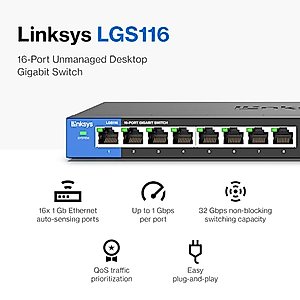 Linksys LGS116 16 Port Gigabit Unmanaged Network Switch - Home / Office Ethernet Switch Hub with Metal Housing - Wall Mount or Desktop Ethernet Splitter, Easy Plug & Play Connection