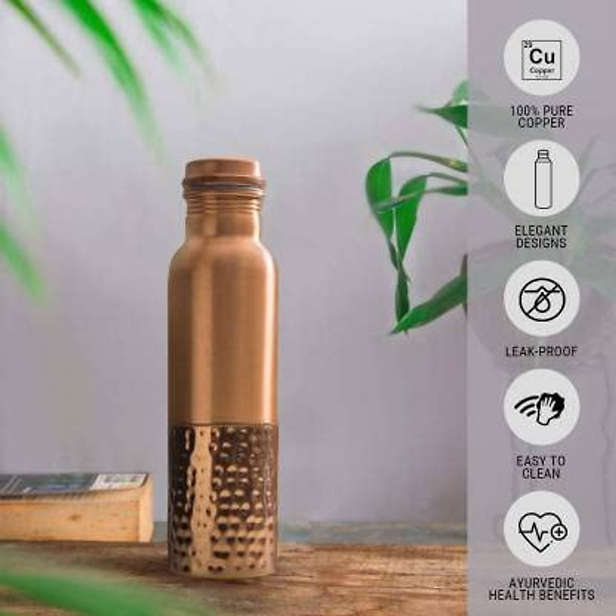 Copper Water Bottle 34 Oz - Half Hammered Design - an Ayurvedic Copper Vessel - Pure Copper Bottle for Drinking Water - Drink More Water - Leak Proof - Large