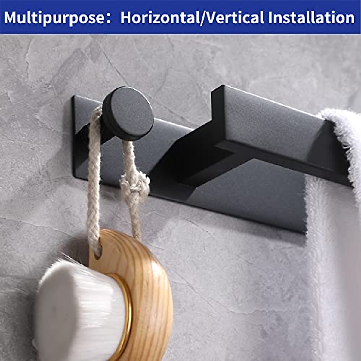 WOSOMOK Vertical Towel Bar for Bathroom with 3M Sticker 15.8 Inch SUS304 Stainless Steel Square Shower Bath Wall Hand Towel Holder Rack No Drilling Matte Black Towel Shelf Rack with Hook