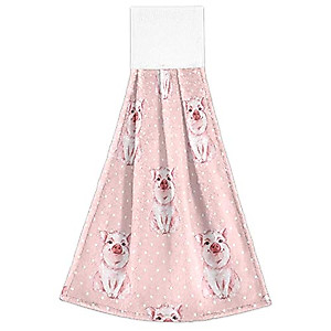 KEEPREAL Pink Pig Kitchen Towels Set of 2, 12 X 17 in Soft Hand Towels or Dishcloths with Hanging Loop, Absorbent Hand Towel for Bathroom Kitchen Décor
