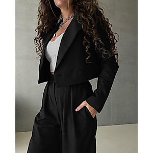 KIRUNDO Blazer Sets Women 2 Piece Outfits Casual Cropped Jackets High Waist Wide Leg Pant Suits Dressy Office Clothes(Black, X-Large)