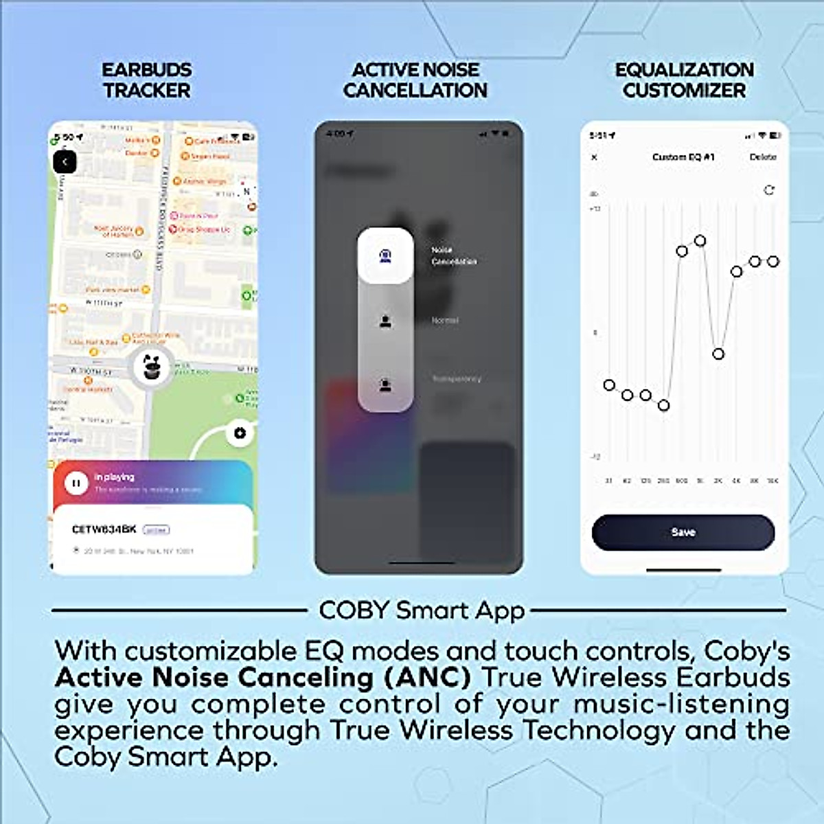 Coby Noise Canceling Earbuds Wireless, Black | Wireless Headphones Bluetooth Earbuds | Noise Canceling Headphones Wireless Bluetooth Headphones, Touch Controls, Lost Tracker | Up to 10-HR Play