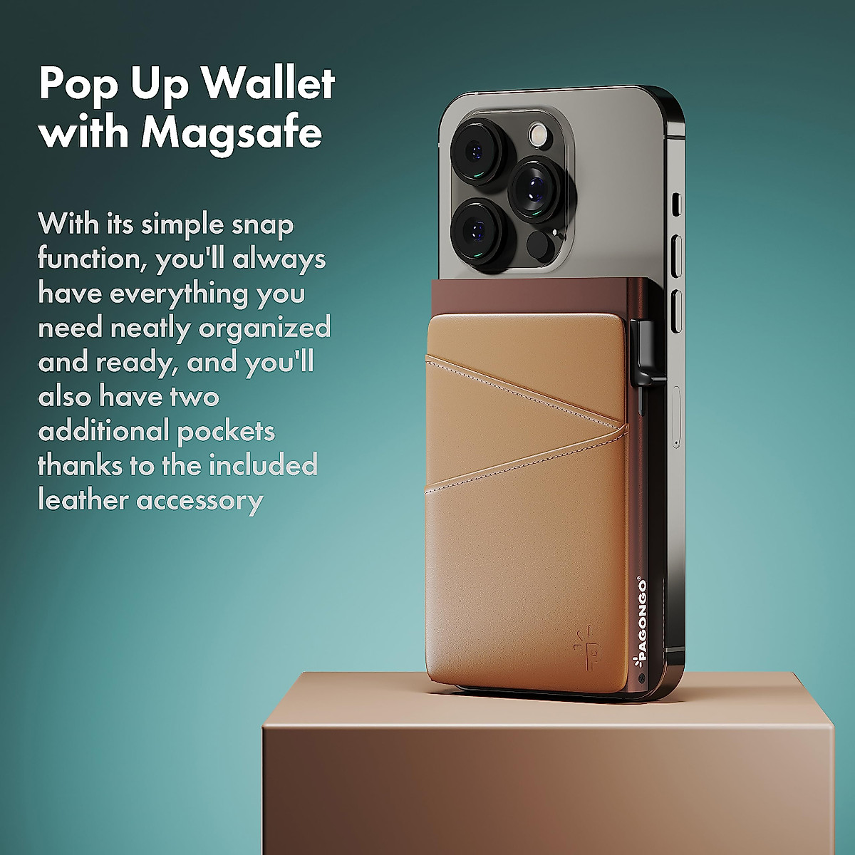 PAGONGO Magsafe Wallet, Mag Safe Wallet Magnetic Minimalist, Pop Up Credit Card Holder with Leather Front Pocket, Apple Wallet Magsafe, Iphone Wallet, Magnetic Wallet Iphone, Brown