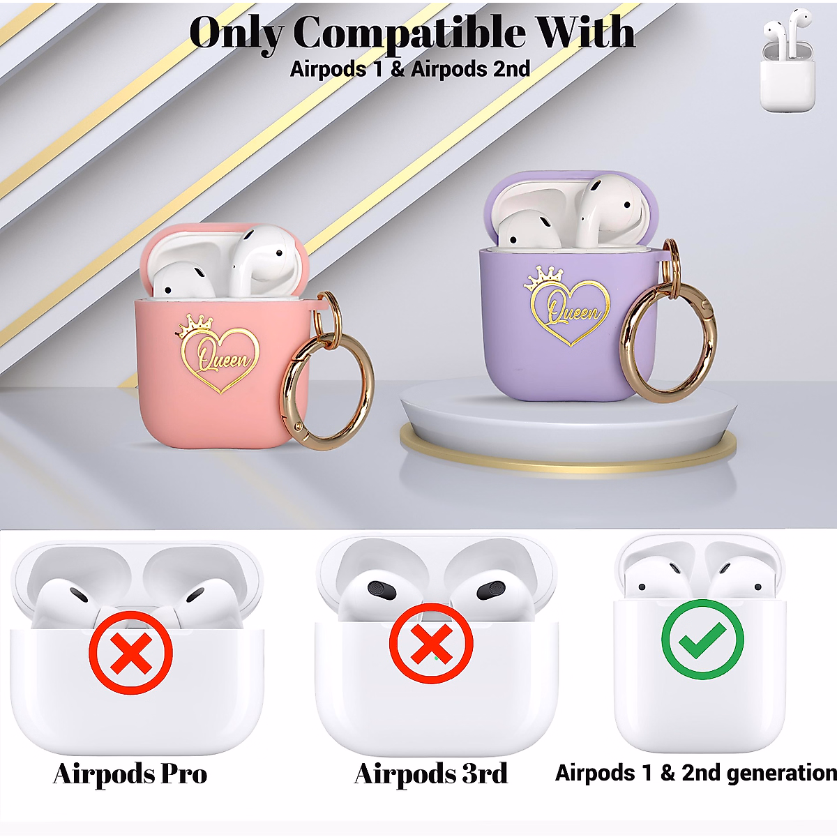 REDX1 [2 Pack] Case Compatible with Airpods 1&2nd Generation Gold Queen Design Protective Cover with Gold Keychain Accessories,TPU for Case for Women,Girl,Teen,Accessories Keychain (Purple,Pink)