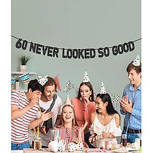 Pre-Strung 60 Never Looked So Good Banner for 60th Birthday Decorations, 60th Anniversary Decorations,60th Birthday Banner for 60th Party Decorations,Black Glitter