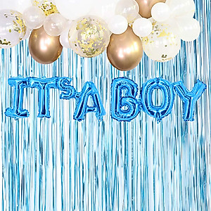 Blue Metallic Fringe Curtains & It's A Boy Foil Balloon Kit- Baby Shower Decorations Blue Wall Decoration Pastel Blue Photo Prop Backdrop Boys Birthday Party (Blue, Pack of 2)