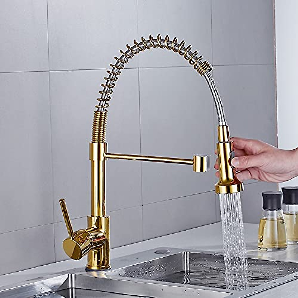Kitchen Sink Faucet for Bar Farmhouse Commercial, Gold Brass Spring Pull Down Sink Mixer Tap, Rotation Kitchen Mixer Taps, Kitchen Tap, Kitchen Sink Faucet