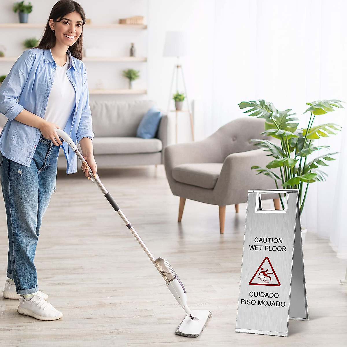 LEIFIDE 4 Pcs Stainless Steel Wet Floor Caution Sign Bulk 8.8 Pound Portable Foldable Handle Bilingual Safety Sign for Kitchen Restaurant Shop commercial Use Avoid Fall and Slip Accident(4 Pcs)