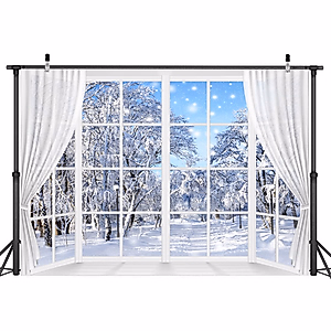 Winter Scene Backdrop Holiday Wonderland Snowflake Photography Background Window Forest Christmas Party Decoration Tree Landscape Kids Portrait Photobooth Photo Studio Props 7x5ft White