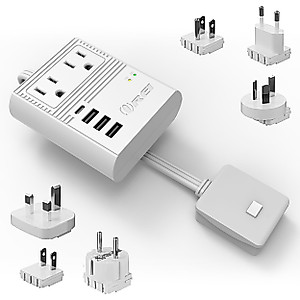 OREI World Travel Plug Adapter M8 Max, 3 USB + Pd 18W USB-C Input - 2 USA Outlets - Attachments for Europe, Asia, China, Japan, Africa - Perfect for Cell Phones, Tablets, Cameras and More