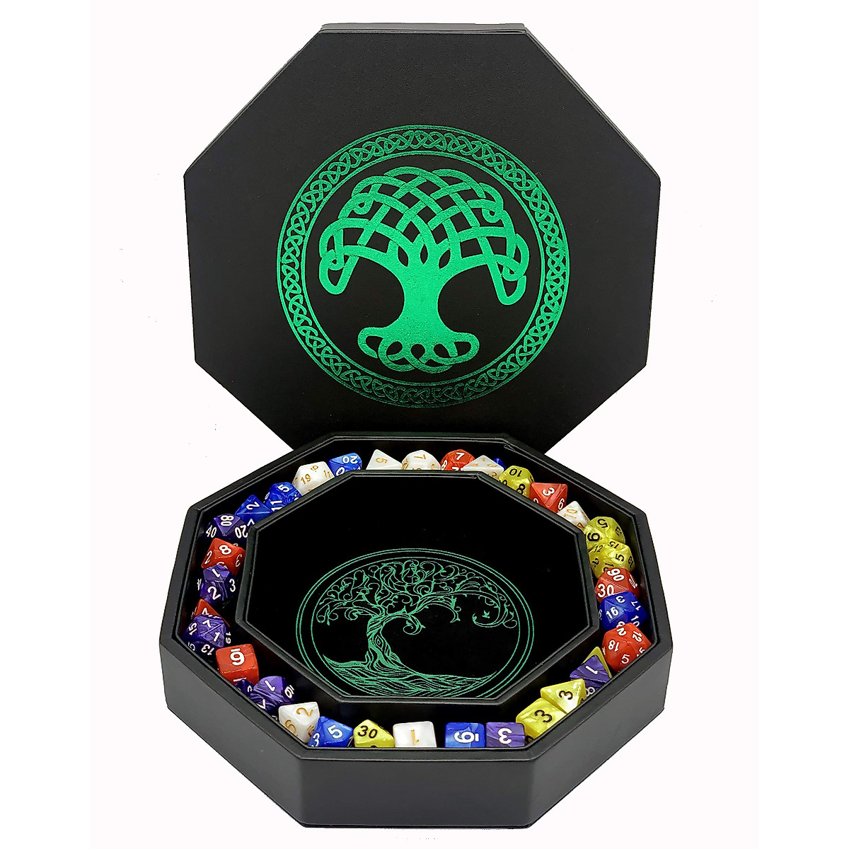Luck Lab 8 Inch Dice Tray – Green - with Lid and Dice Staging Area for RPG Table Top Gaming- Tree of Life Design
