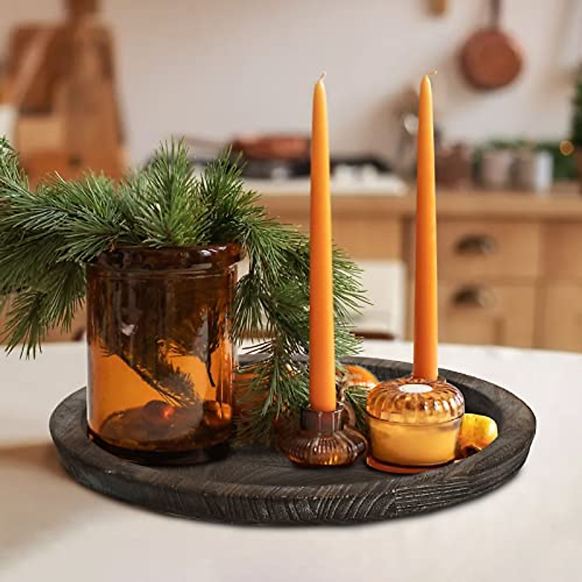 Lawei 4 Pack Rustic Wooden Serving Trays, 8" 11" Round Centerpiece Candle Holder Tray, Food Serving Platters Decorative Trays for Kitchen Countertop, Coffee Table, Dining Table, Party