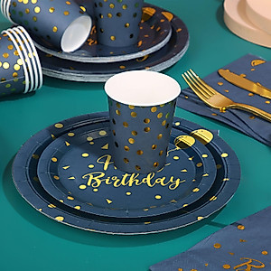 joy akkess 175 Pcs Blue Birthday Party Supplies - Blue Birthday Plates and Napkins Set Serves 25 - Blue and Gold Birthday Plates Napkins Cups Cutlery for Men Happy Birthday Party Decorations