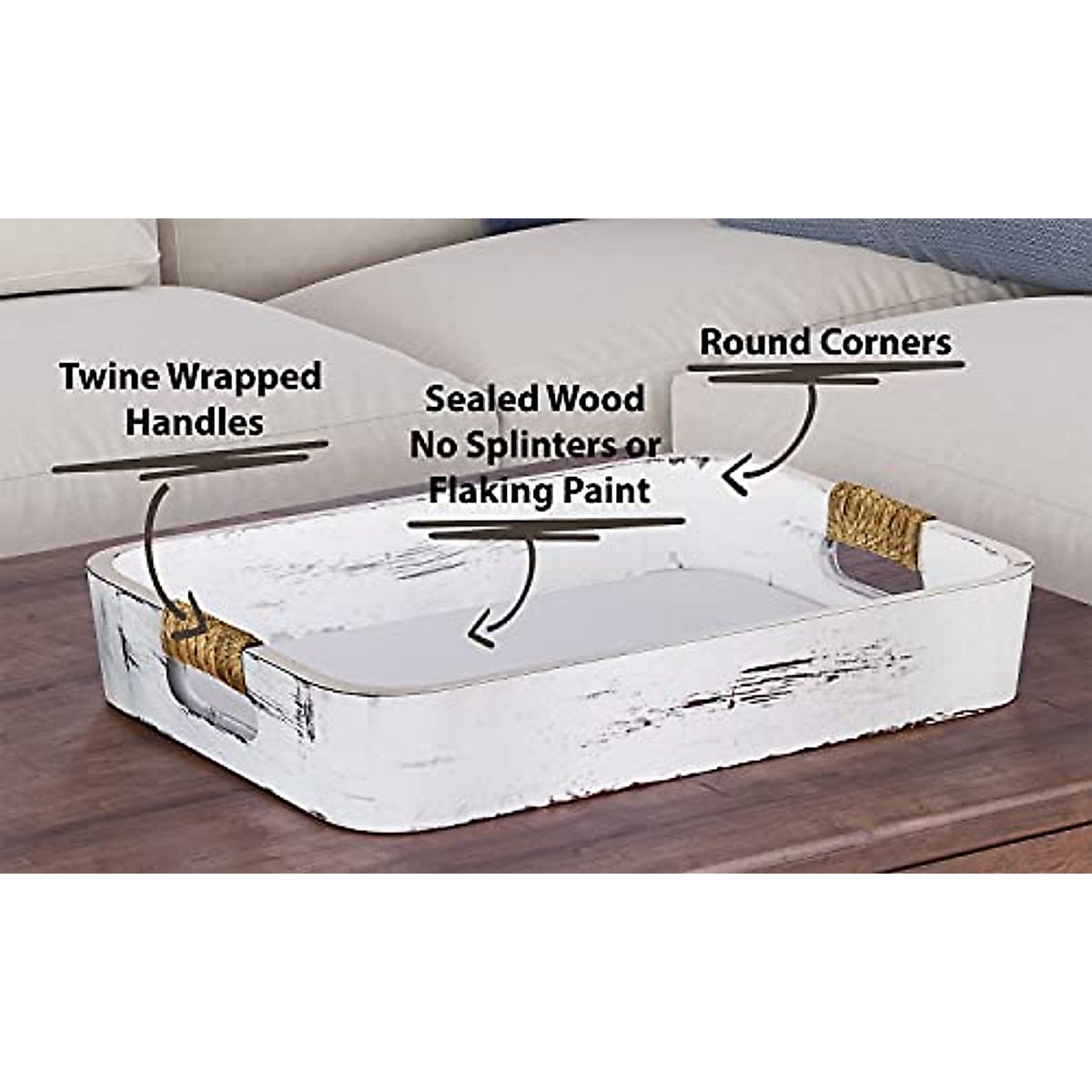 White Coffee Table Tray - 16.5"x12" - White Ottoman Tray for Living Room - White Trays for Coffee Table - White Tray with Handles - Farmhouse Tray for Coffee Table - Decorative Trays for Coffee Table