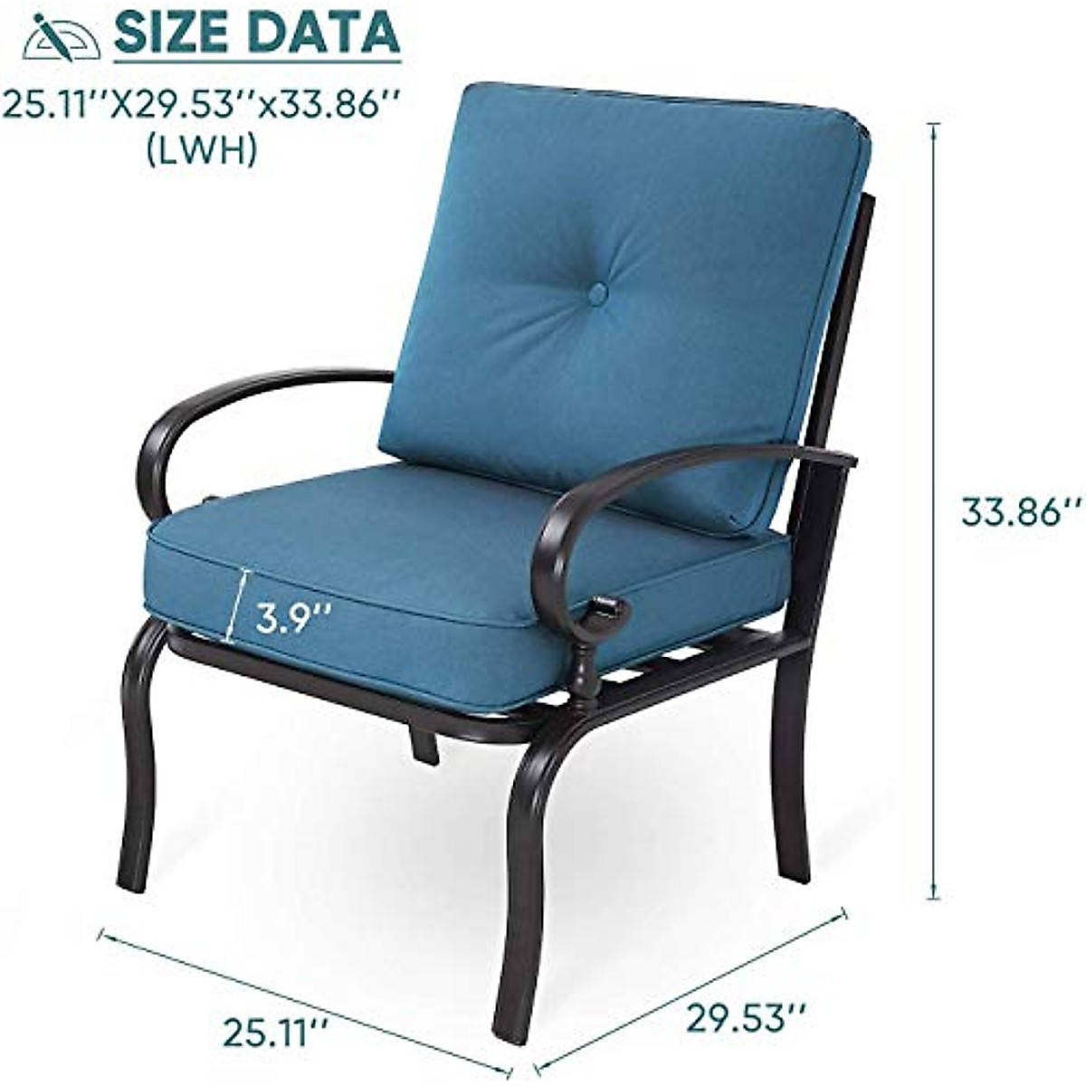 Cemeon Outdoor Furniture Metal Patio Dining Chairs Set of 2 Metal Frame Chairs, All-Weather Garden Seating Chair (Peacock Blue Cushions)