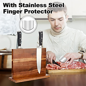 Magnetic Knife Block, Double Sided Magnetic Knife Holder Rack with Strong Enhanced Magnets, Acacia Wood Magnetic Knife Storage Stand with Stainless Steel Finger Protector