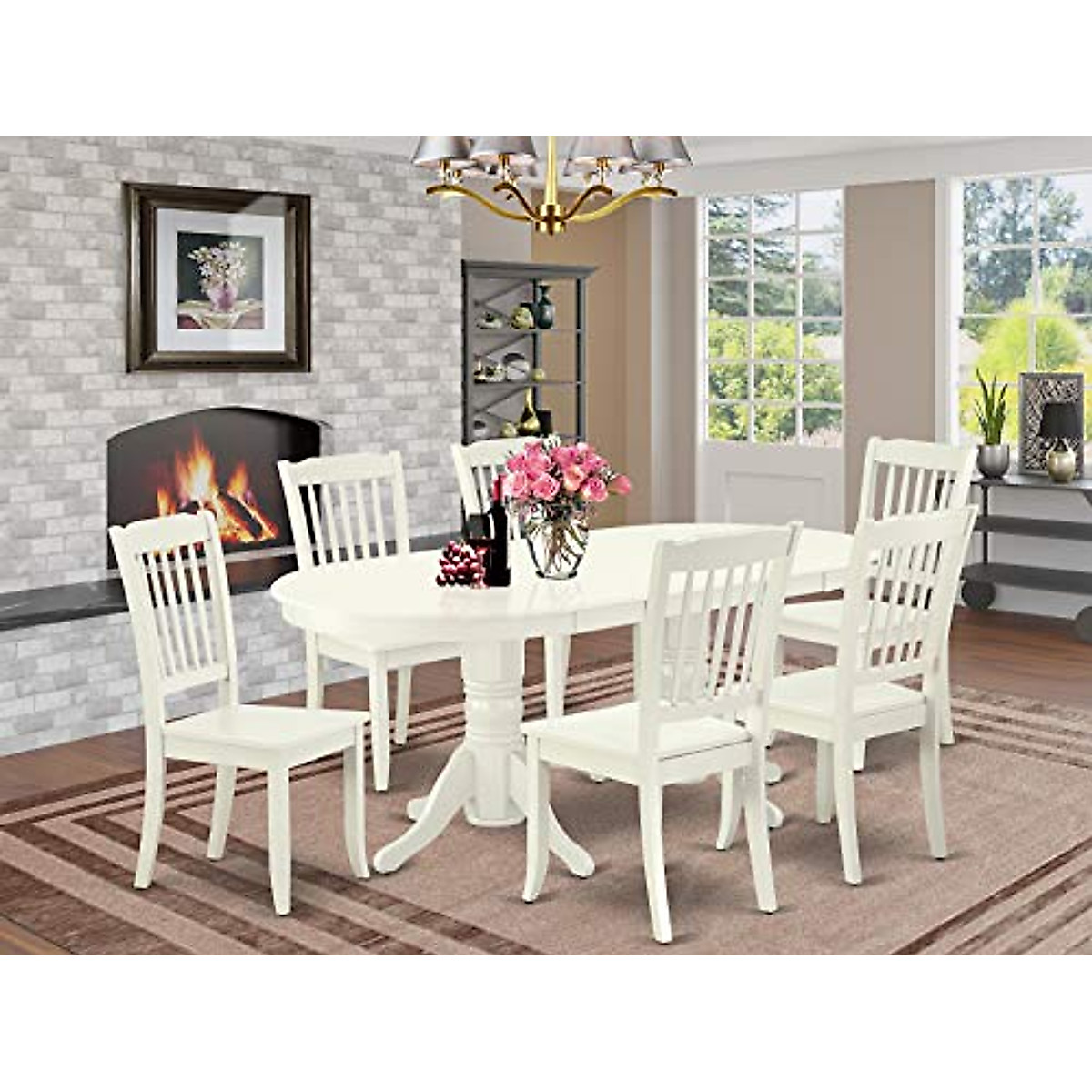 EAST WEST FURNITURE 7 Pc Dining-Room Set Dining Table With Self Storing Leaf And Six Wood Seat Dining Chairs.