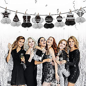 8Pcs Black White Silver Birthday Decorations Honeycomb Centerpieces for Women Men, Black Silver Happy Birthday Table Topper Party Supplies, 16th 21st 30th 40th 50th 60th Bday Table Centerpieces Decor