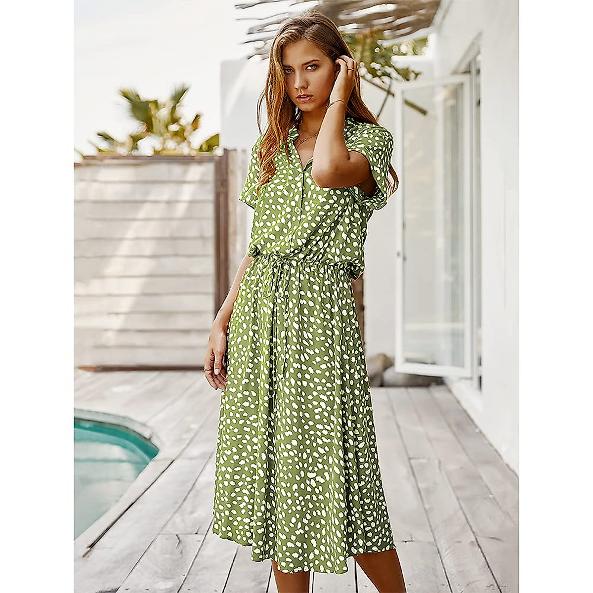 BROVAVE Women's Summer Polka Dot Print Shirt Dress Vintage Short Sleeve Button Down Midi Dress(Army Green, XL)