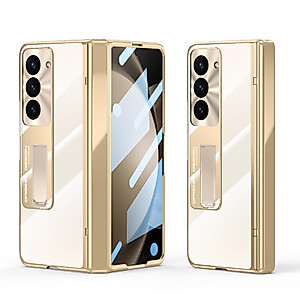 Libeagle Compatible with Samsung Galaxy Z Fold 5 Case, Non-Yellow Clear Back, Electroplated Frame, Full Hinge Protection, Screen Protector, Magnetic Stand, Thin and Slim Phone Cover 5G 2023, Gold