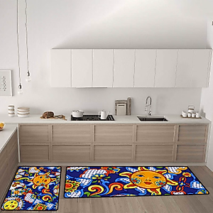 Kuizee Kitchen Mat Set of 2 Pieces Anti Fatigue Rugs Mexican Talavera Sun Traditional Decorative Soft Water Absorbent Non-Slip Standing Mats Kitchen Decor Floor,17.7"x 29" +17.7"x58"