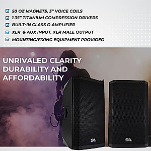 Seismic Audio Speakers Riot-15, Pair of Powered 1000 Watt PA/DJ Speaker with Bluetooth, 15 Inch Speaker, DSP, Built in Mixer & Class D Amplifier