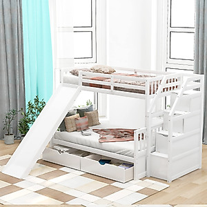 Twin Over Full Bunk Bed with Stairs and Slide, Solid Wood Bunk Bed Frame with Storage Drawers for Kids Girls Boys (White)