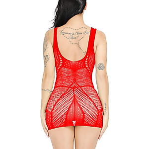 Woosifun Women Sexy Fishnet Lingerie V-Neck Babydoll Bodysuit Strapless Mesh Chemise Mini Dress One Size Red