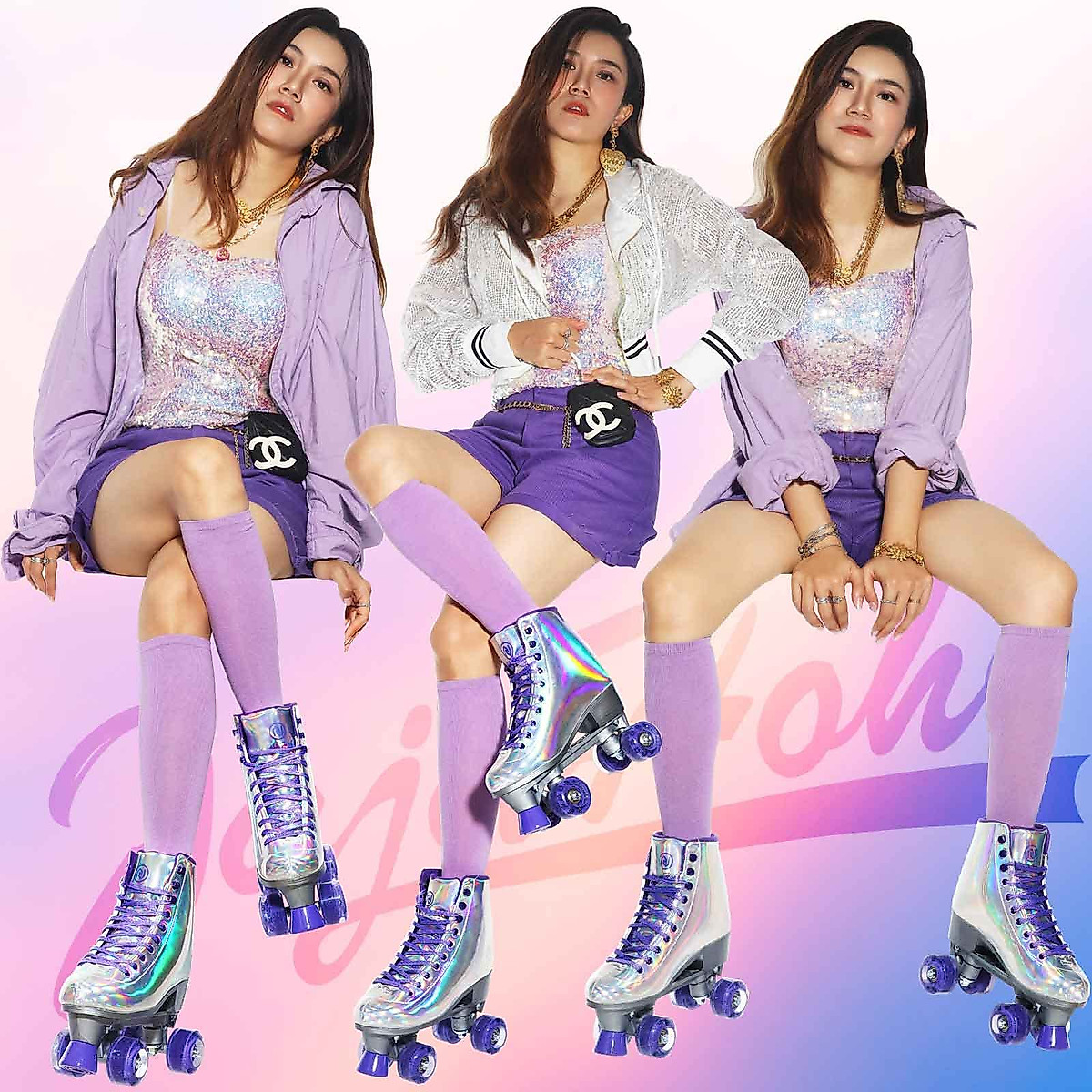 JajaHoho Roller Skates for Women, Holographic High Top Classic Rollerskates, Shiny Double-Row Glitter Four Wheels Quad Skates for Girls, Age 3-50, Indoor &Outdoor (Size 7, Silver Purple)