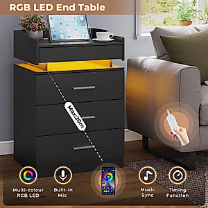 HAUOMS Black Nightstand Set of 2,LED Night Stand with Charging Station & Pull-Out Tray,Bedside Table with Drawers,Modern End Table Side Table Storage Cabniet