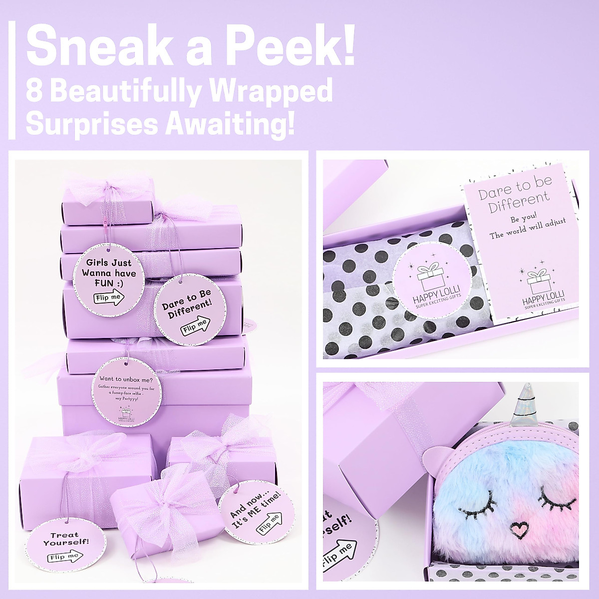 HAPPY LOLLI Gift for Tween and Teen Girls - 8 Wrapped Gifts in 1 Box with Fun Tasks and Cards to Empower Girls. (Purple)