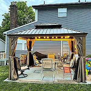 10' x 12' Hardtop Gazebo Outdoor Aluminum Wood Grain Gazebos with Galvanized Steel Double Canopy for Patios Deck Backyard,Curtains&Netting by domi outdoor living