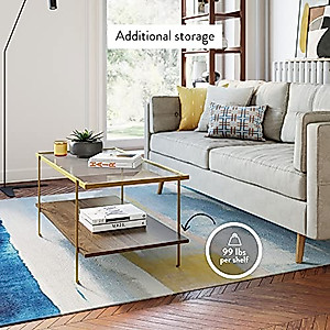 Nathan James Asher Mid-Century Rectangle Coffee Table Glass Top and Rustic Oak Storage Shelf with Sleek Brass Metal Legs, Gold