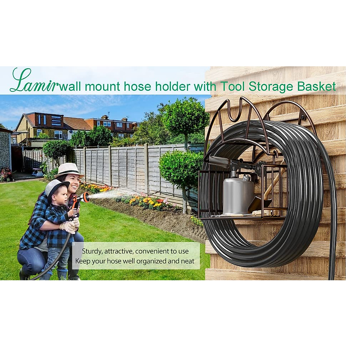 Lamir Heavy Duty Metal Water Hose Rack with Tool Basket, Brown, Outdoor Use