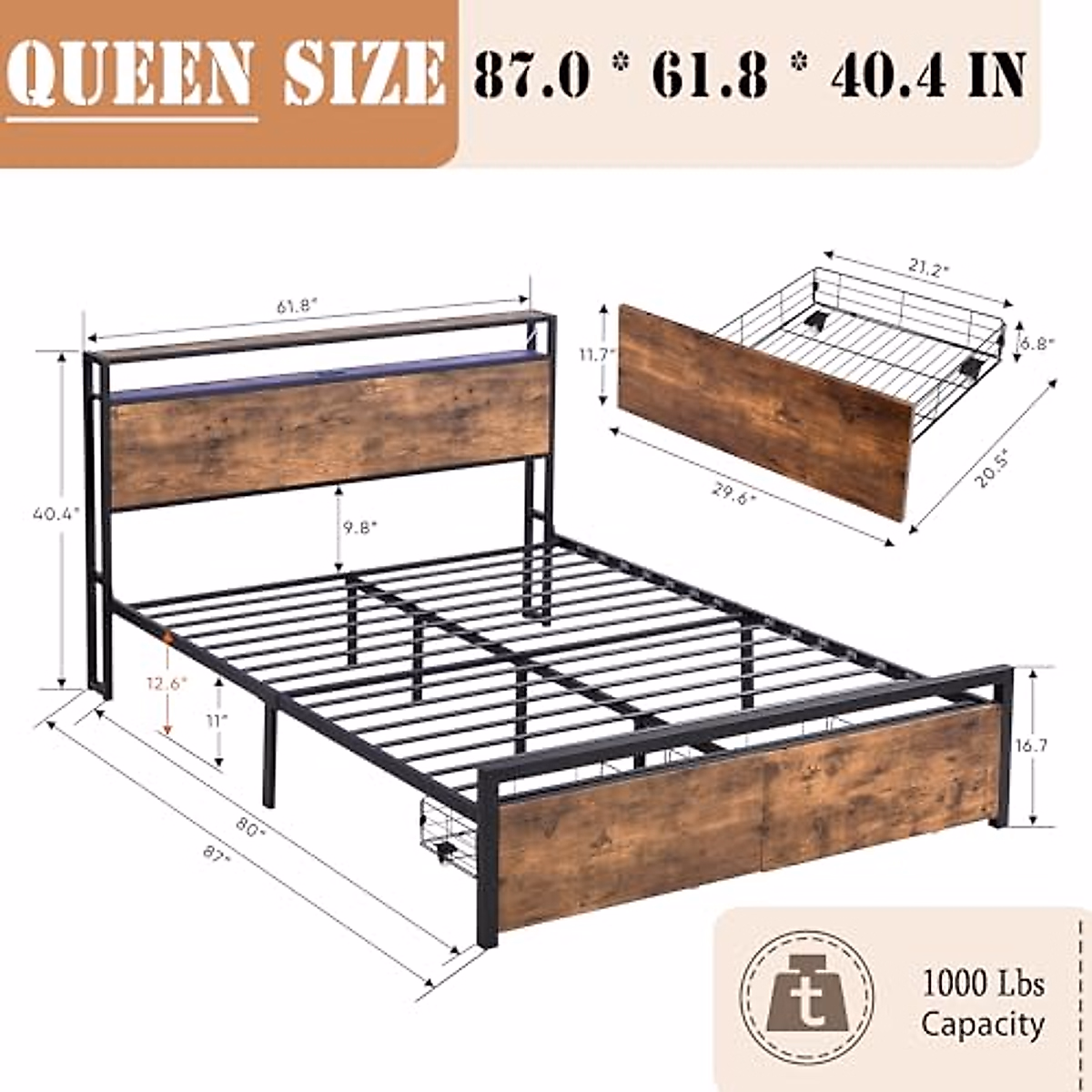 SAMTRA Bed Frame with Headboard & 2 Storage Drawers, Wooden Headboard with Led Lights and Charging Station Shelf, Metal Platform & Slat Bedframe, Easy Assembly (Brown Simple (with 2 Drawers), Queen)
