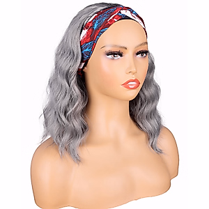 SYMEIW Silver Grey Wavy Headband Wig For Black Women Curly Half Wigs With Headband Attached Synthetic Wrap Wigs Turban Wigs For Women(Gray)…