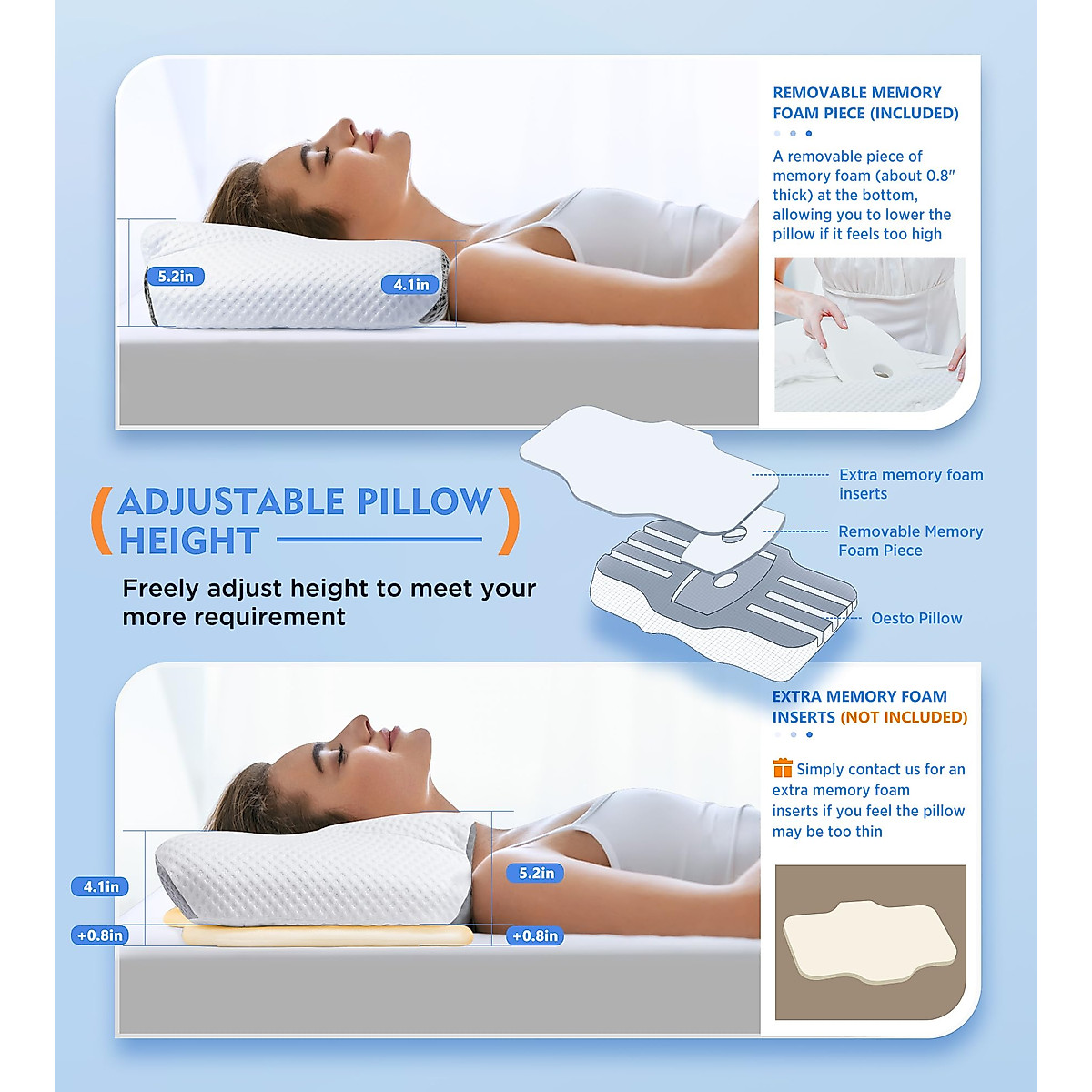 Cervical Pillow for Neck Pain Relief, Hollow Design Odorless Memory Foam Pillows with Cooling Case, Adjustable Orthopedic Bed Pillow for Sleeping, Contour Support for Side Back Stomach Sleepers