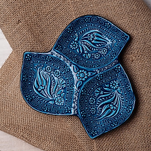 Lemose Leaf Shaped Decorative Ceramic Appetizer Plate - 3 Compartment Snack Tray Floral Pattern Serving Platter Cute Blue Divided Plates Embossed Dinnerware Bowls Dish for Fruits, Dips