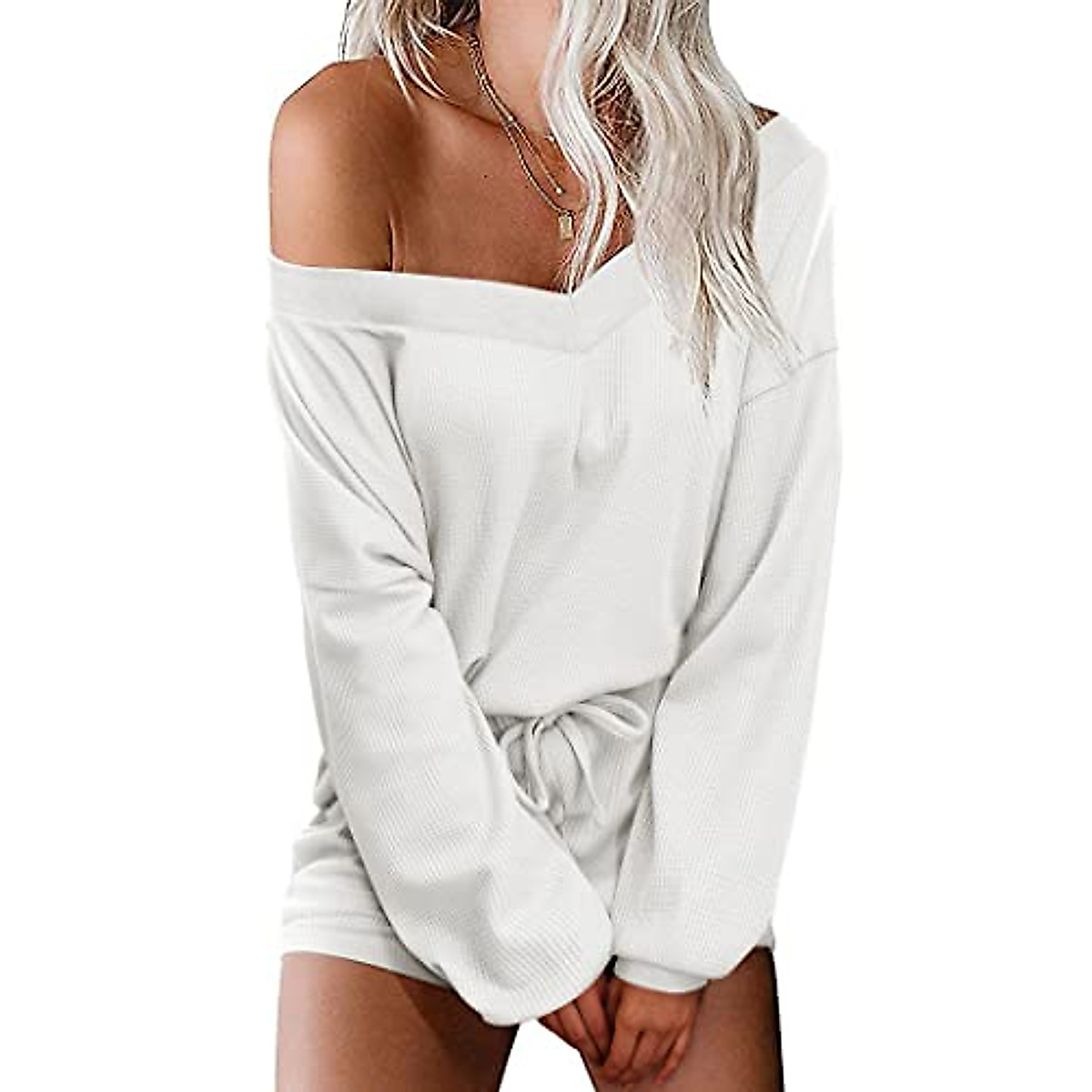 Ekouaer Womens, Long Sleeve Pajamas Set, Waffle Knit Tops and Shorts, Sleepwear, Loungewear, Casual Tracksuit, A-white, Large