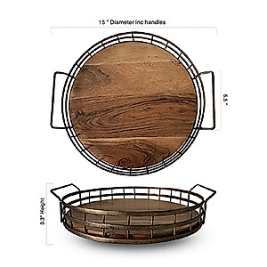 Farmhouse Round Wooden Tray with Antique Gold deep Metal Frame & Acacia Wood Base with Handles. This Round Tray is an Ideal Decorative Tray, Coffee Table, Drinks or Serving Tray by Cube Home