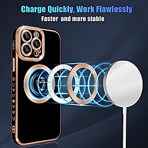 SZXYCZL Compatible with iPhone 12 Pro Max Case Magsafe, Cute Heart Pattern Luxury Plating Full Camera Lens Protection Magnetic Case for iPhone 12 Pro Max for Women Girl-Black