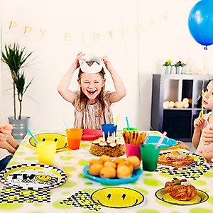 96 Pcs Two Cool Dude Birthday Party Decorations 350 GSM 2nd Birthday Party Supplies Tableware Set for Two Year Old Happy Dude Yellow Black Lightening Checkered Party Baby Shower Decor Serves 24 Guests